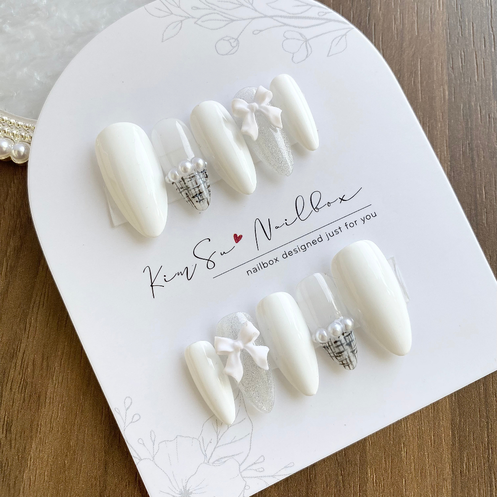 [M069] Nail Box móng úp thiết kế thủ công mắt mèo kẻ dạ đính nơ ...