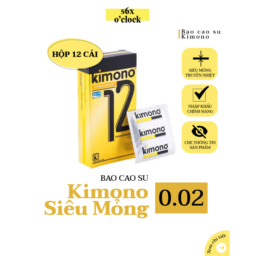 Bao cao su siêu mỏng, Kimono 0.02mm (Nga), Chứa vitamin B cấp ẩm, không mùi (Hộp Vàng 12C) | S6X ...