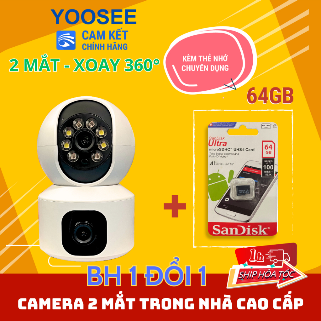 (BH 1 đổi 1) Combo camera YOOSEE không râu 2 MẮT mới nhất kèm thẻ nhớ ...