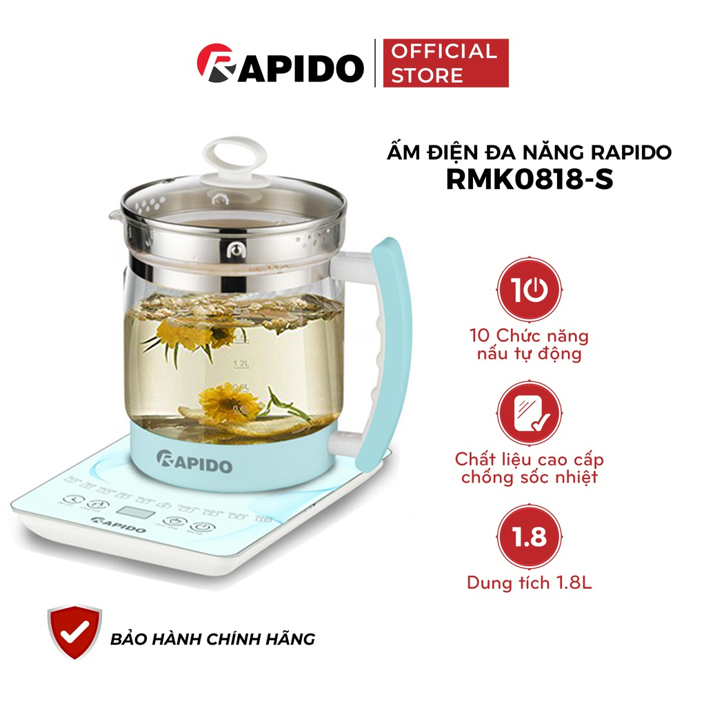 Ấm điện đa năng 1.8L Rapido RMK0818-S Bình đun đa năng thủy tinh chịu ...