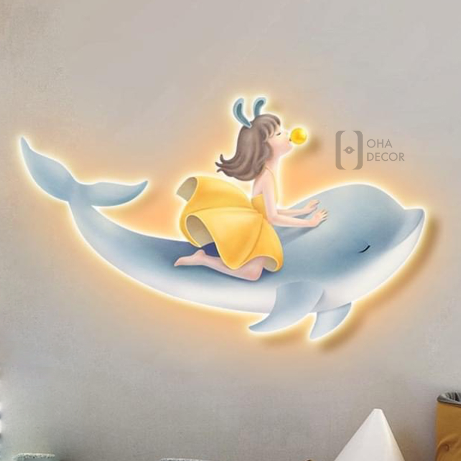 Tranh Cắt 3D LED Cô Gái Và Cá Heo Trang Trí Nhà, Quán Cà Phê Hiện Đại ...