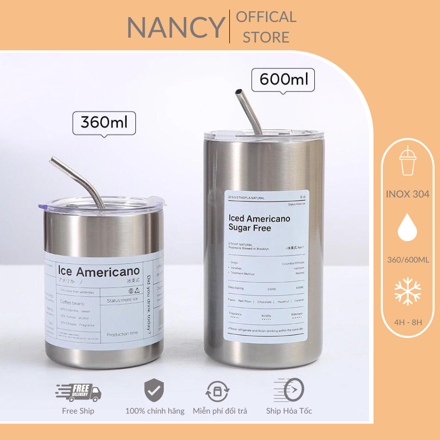 Cốc giữ nhiệt - Ly giữ nhiệt Iced Americano INOX 304 thể tích 600ML/360ML Kèm Ống Hút Bảo hành 2 ...
