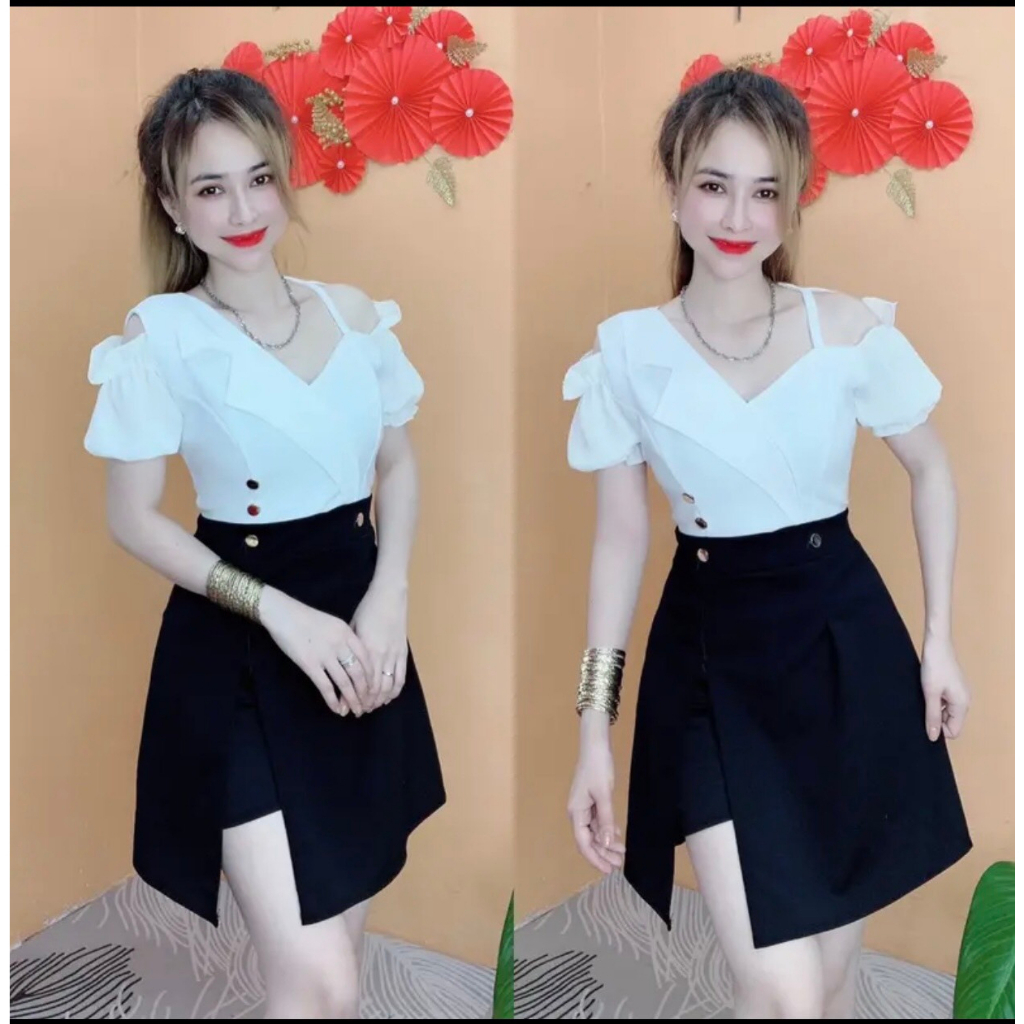 Sét đầm kèm quần đùi ôm,phối hai màu dễ thương. AK07 | Shopee Việt Nam