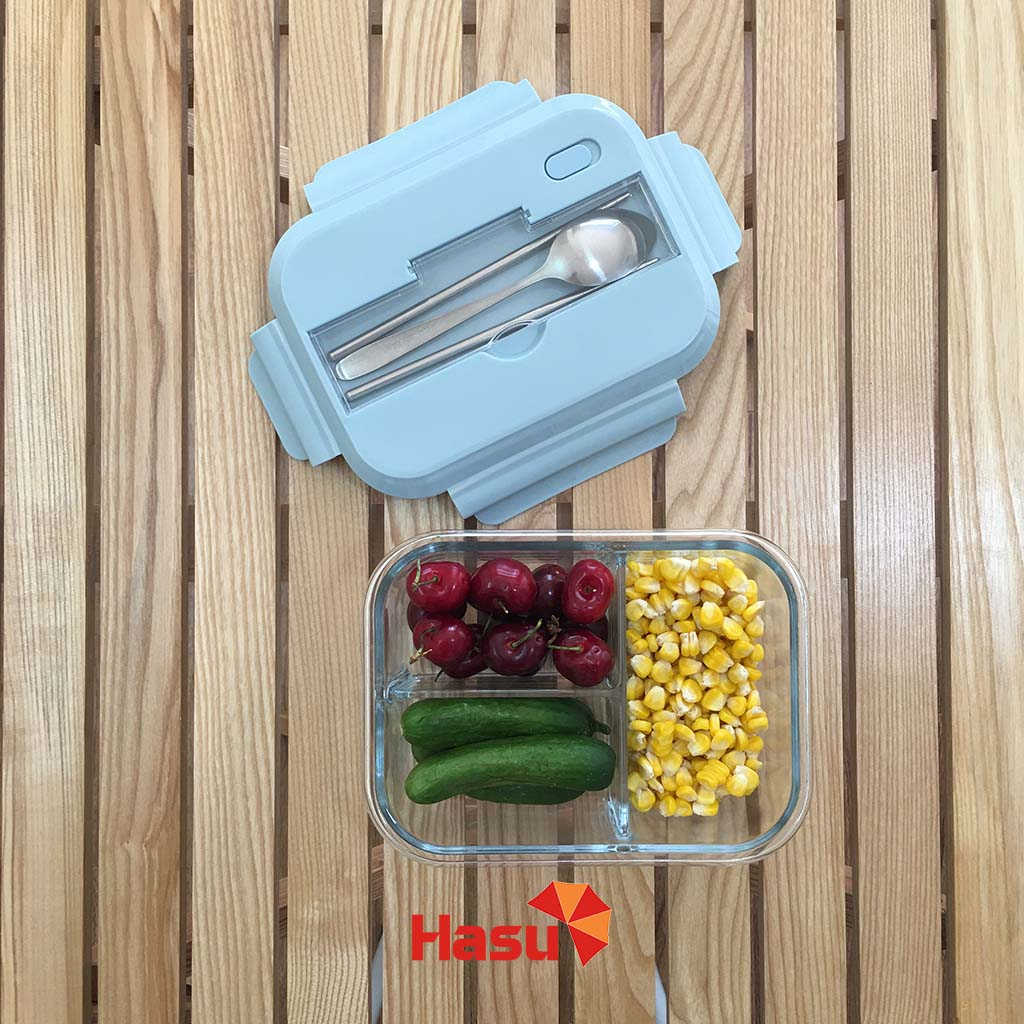 Hộp cơm văn phòng 3 ngăn thủy tinh cường lực kèm bộ đũa thìa Inox chống ...