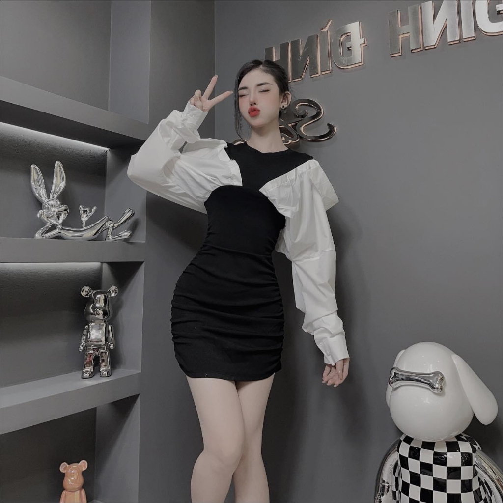 Váy body đen phối tay sơ mi kiểu LuciK Shop DV0004 | Shopee Việt Nam
