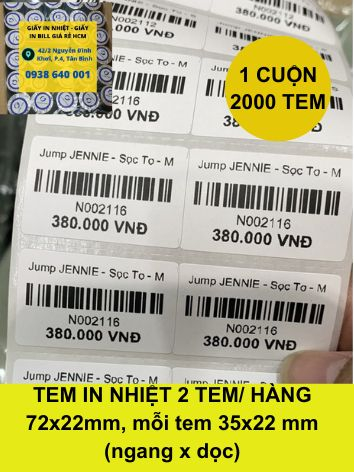 (Thùng 20 cuộn) Giấy in tem mã vạch , tem nhiệt 2 tem / hàng, khổ 35x22 ...