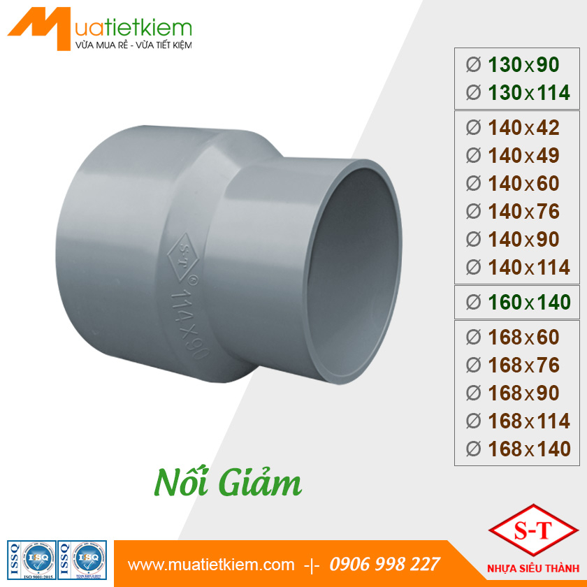 Nối Giảm, Bầu Giảm PVC phi 130x90-114, 140x42-49-60-76-90-114, 160x140 ...