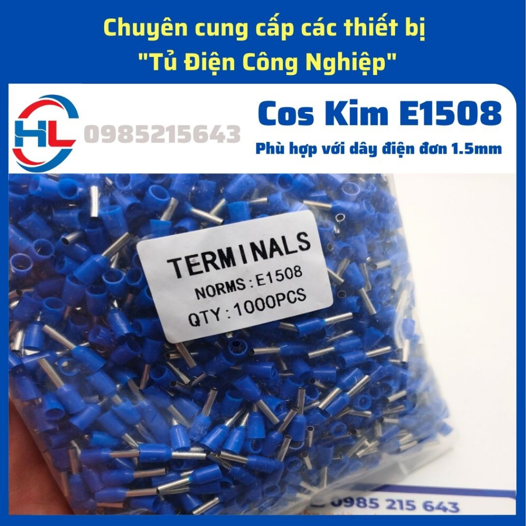 Đầu cos kim rỗng E1508, cos kim E1508, đầu cos kim rỗng dùng cho dây điện 1.5mm, đầu cos dây ...
