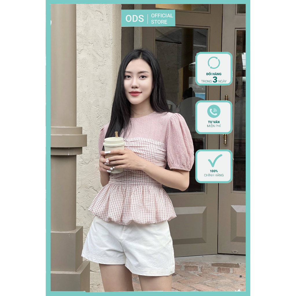 Áo Babydoll ODS thiết kế, thân trước xếp ly ngang, cổ tròn gái nút, tay ...