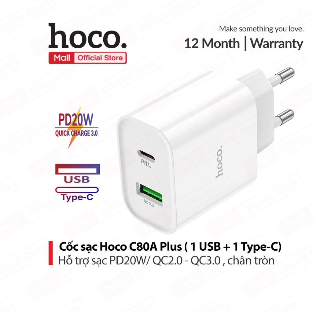 Củ sạc nhanh 20W Hoco C80A Plus 1 cổng USB/ 1 cổng Type-C hỗ trợ sạc 18W - PD 20W , chân tròn ...