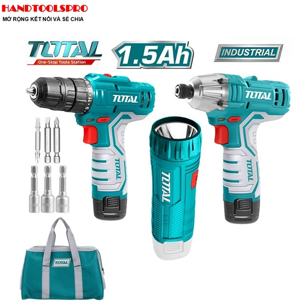 Bộ combo máy siết vít pin, khoan pin và đèn pin 12V Total TKLI1203 ...