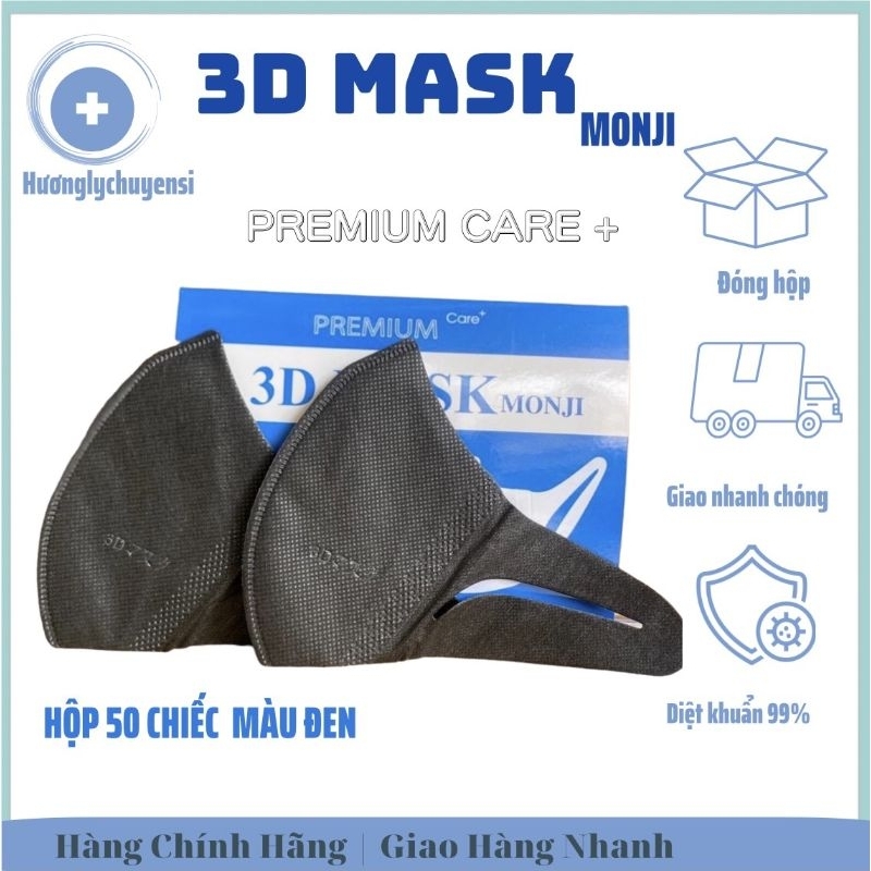 [RẺ NHẤT] Khẩu Trang 3D MONJI MÀU ĐEN Hộp 50 chiếc Ôm Sát Mặt, Chính ...