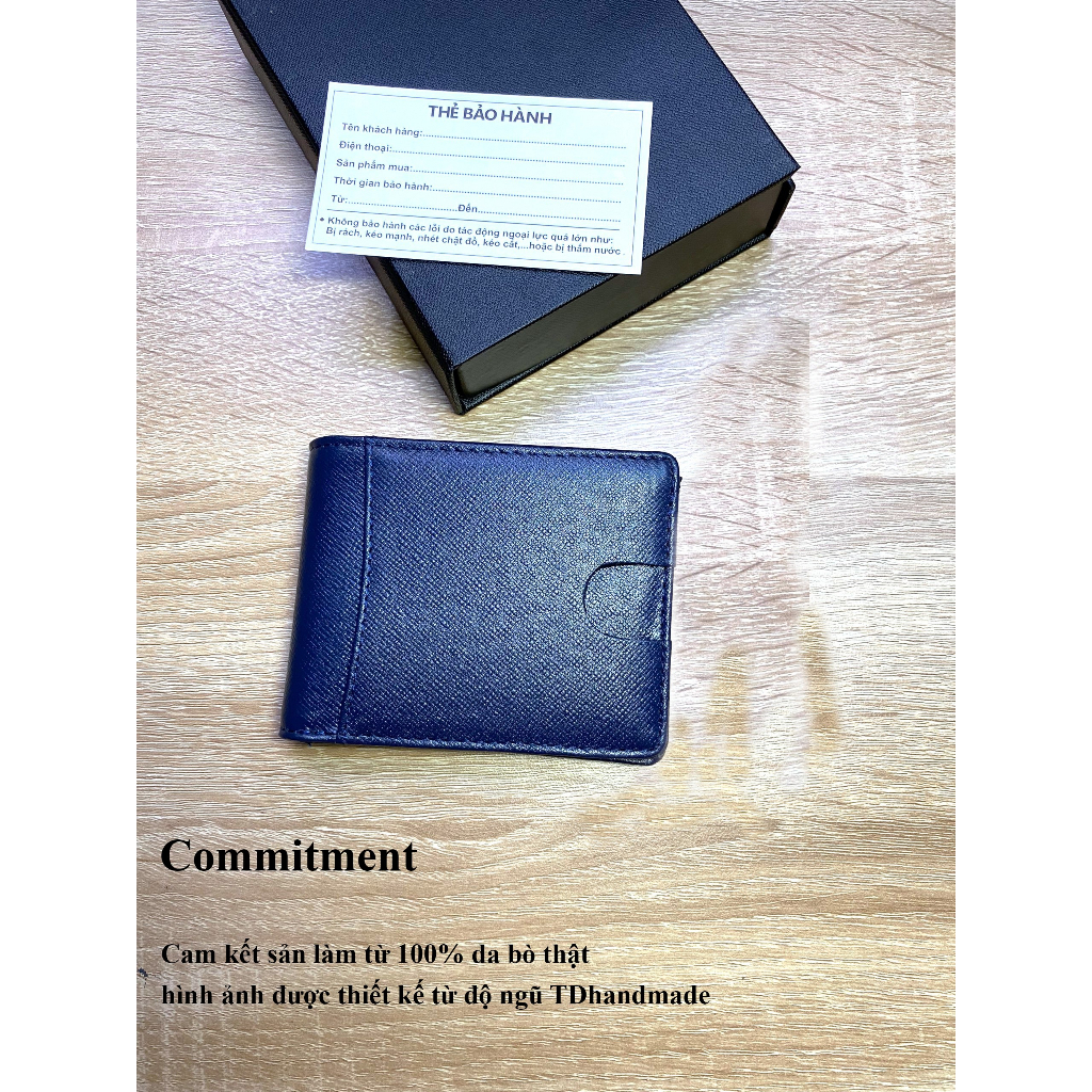 Ví nam mini cao cấp, Ví nam ngang xanh Navy TDHANDMADE công sở hộp ...
