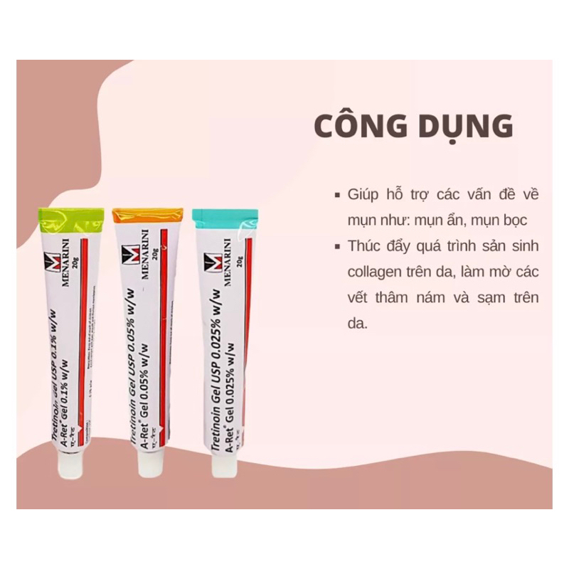 Tretinoin Aret Gel Ấn Độ 0.1 / 0.05 / 0.025 ngăn ngừa mụn, giảm thâm ...
