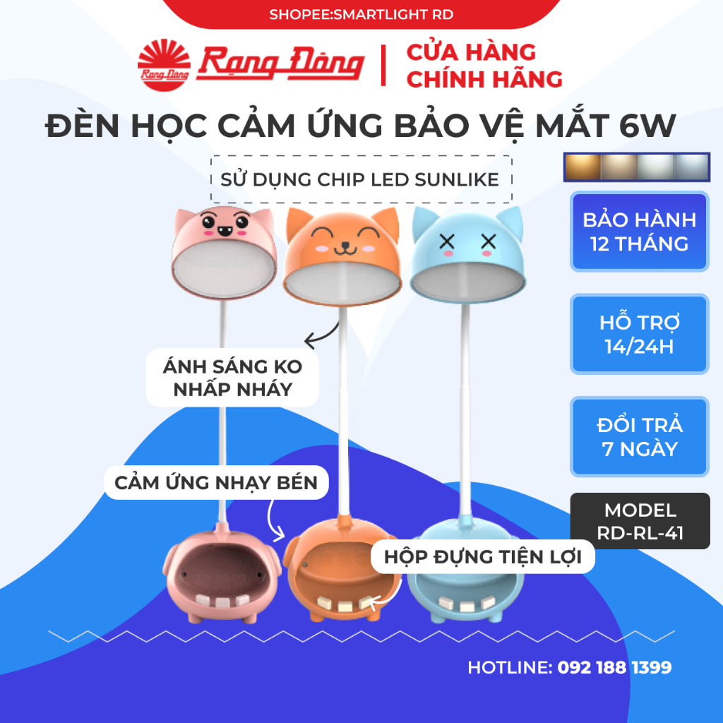Đèn học cảm ứng Rạng Đông 6W chống cận, hình thú có khộc đựng điện thoại, Model: RD-RL-41 6W ...