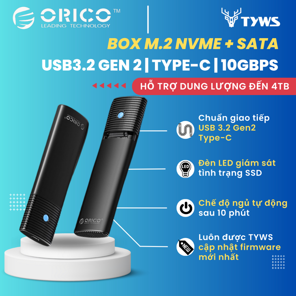 [HỖ TRỢ SSD 4TB] Box di động SSD M.2 PCIe NVMe to USB 3.2 Gen2 Type-C Orico PWM2 | Shopee Việt Nam