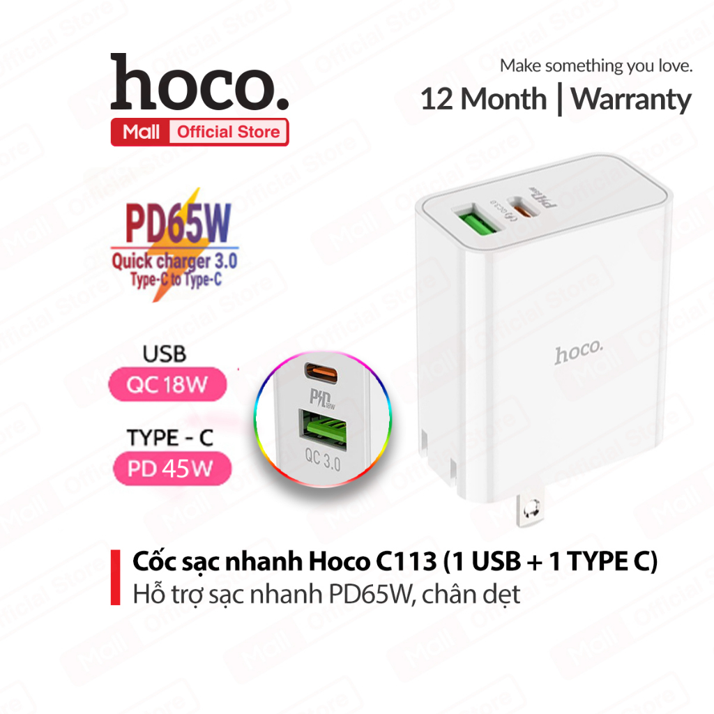 Củ sạc nhanh Hoco C113 (1 cổng USB + 1 cổng Type-C) hỗ trợ sạc nhanh ...