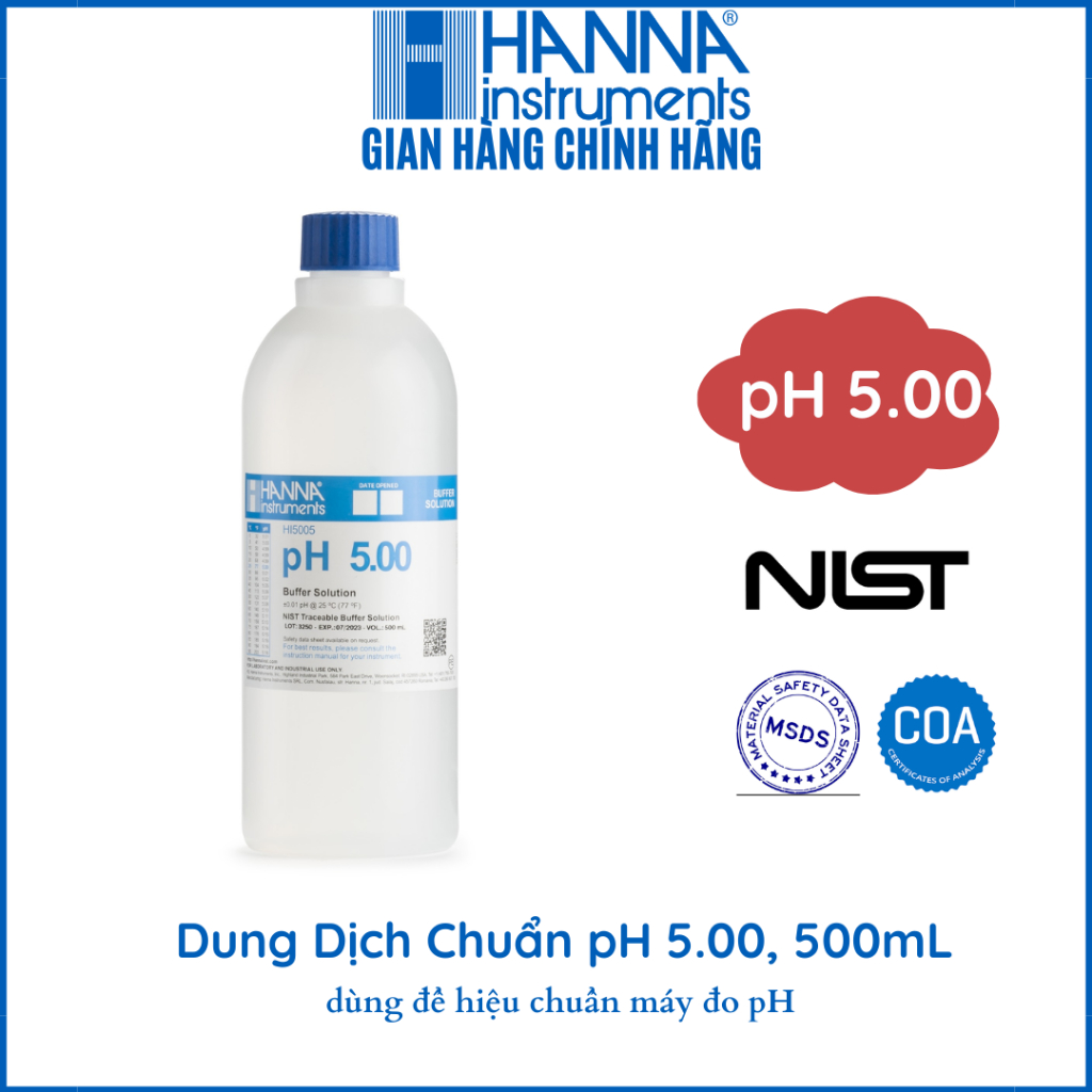DUNG DỊCH CHUẨN NIST pH5.00 ĐỂ KIỂM TRA/HIỆU CHUẨN LẠI BẤT KỲ MÁY ĐO pH NÀO, 500ML,HANNA HI5005 ...
