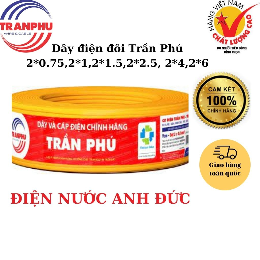 (Bán theo mét ) Dây điện Trần Phú đôi màu vàng các loại ( 2X0.75 - 2X1 - 2X1.5 , 2X2.5 , 2X4 ...