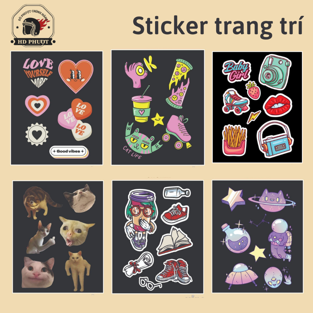Bộ sticker trang trí nón bảo hiểm, laptop siêu cute nhiều mẫu - chống ...