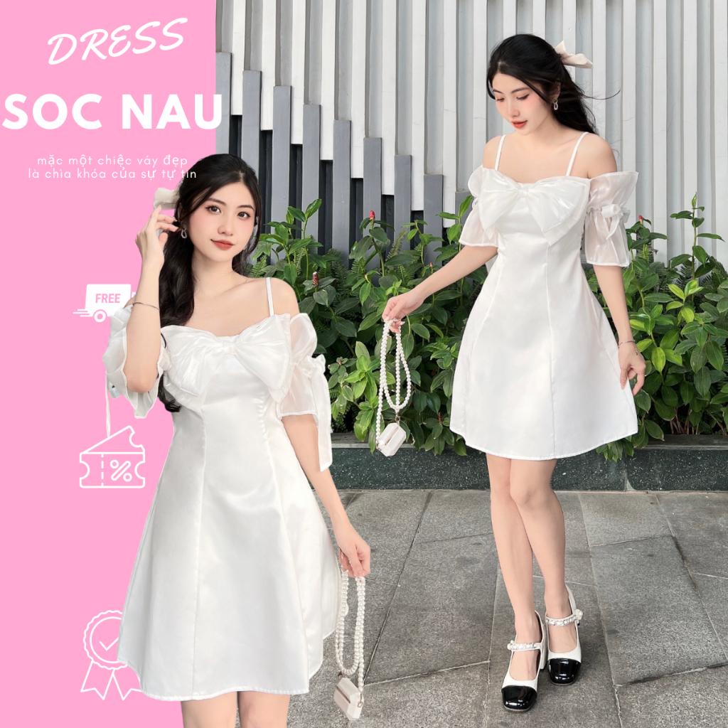 Đầm rớt vai cánh tiên vải tafta dáng ngắn tay bồng đính nơ có sẳn mút ngực - NV03 | Shopee Việt Nam