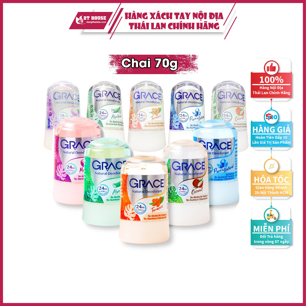 Lăn nách khử mùi đá khoáng hương tự nhiên/nha đam/măng cụt/dừa/nghệ Natural Deodorant Grace Thái ...