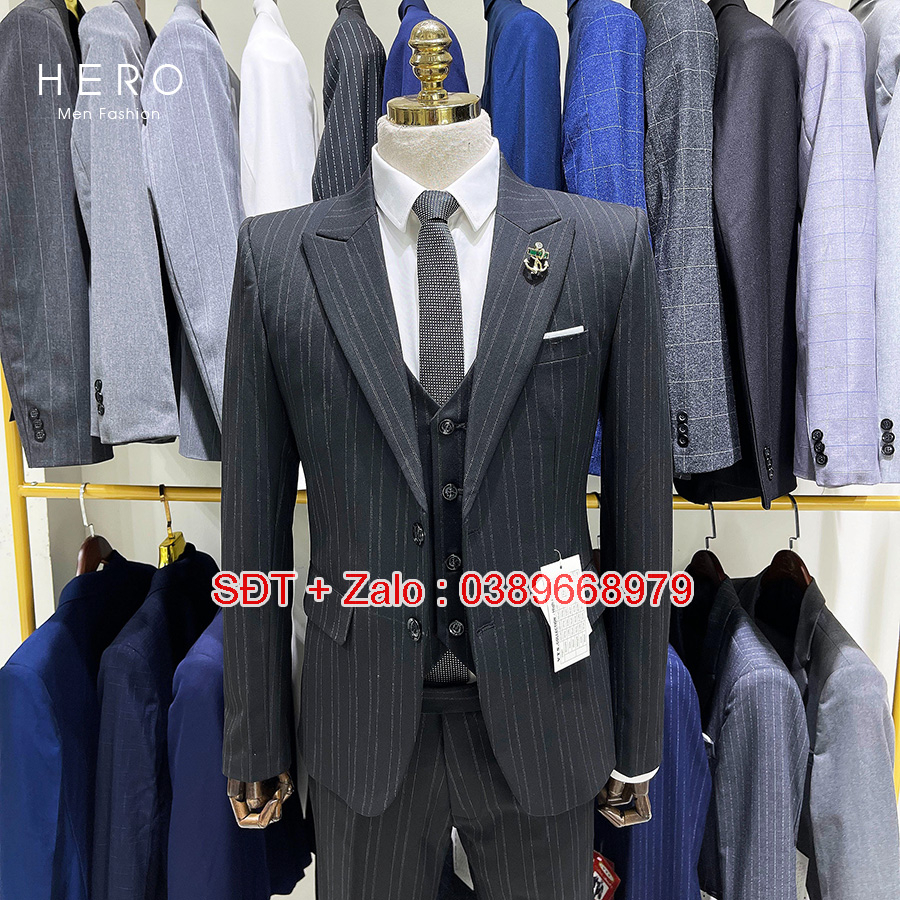 Bộ Vest Comple Nam Cao Cấp 2 Cúc Kẻ Sọc Đen. Suit Nam Hàn Quốc 2 Khuy ...