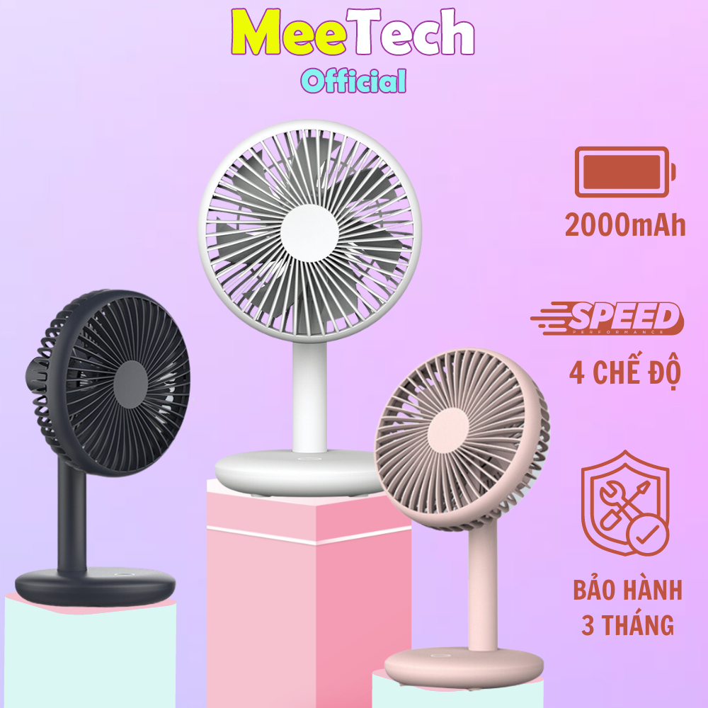 Quạt tích điện để bàn mini, động cơ không tiến ồn, 4 chế độ gió mát, pin trâu 6 tiếng, MeeTech ...