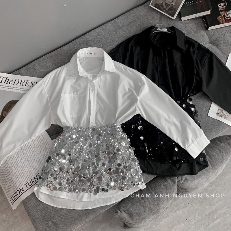 Set Áo Sơ Mi Tay Lông Mix Chân Váy Kim Sa Vảy Tròn Bling Bling Hàng Quảng Châu | Shopee Việt Nam