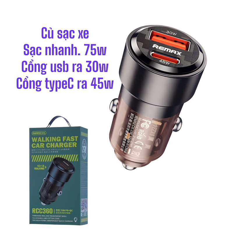Tẩu sạc nhanh mini RCC 360 75W hai cổng type C 45w và cổng USB 30w chip sạc siêu nhanh | Shopee ...