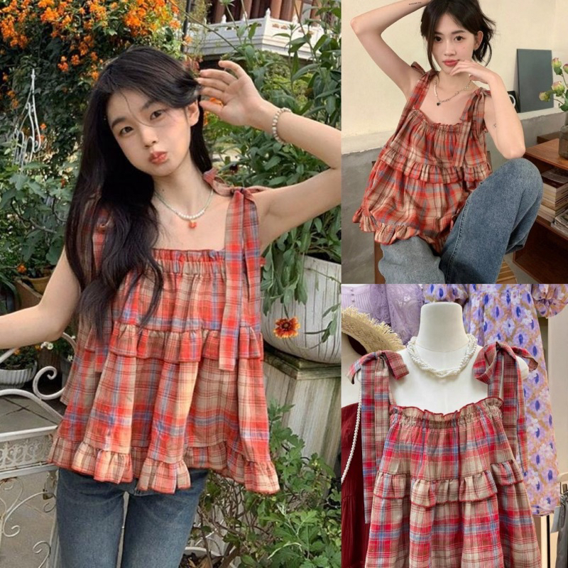Áo babydoll hai dây kẻ caro đỏ, áo 2 dây chun ngực thắt nơ vai viền bèo ...