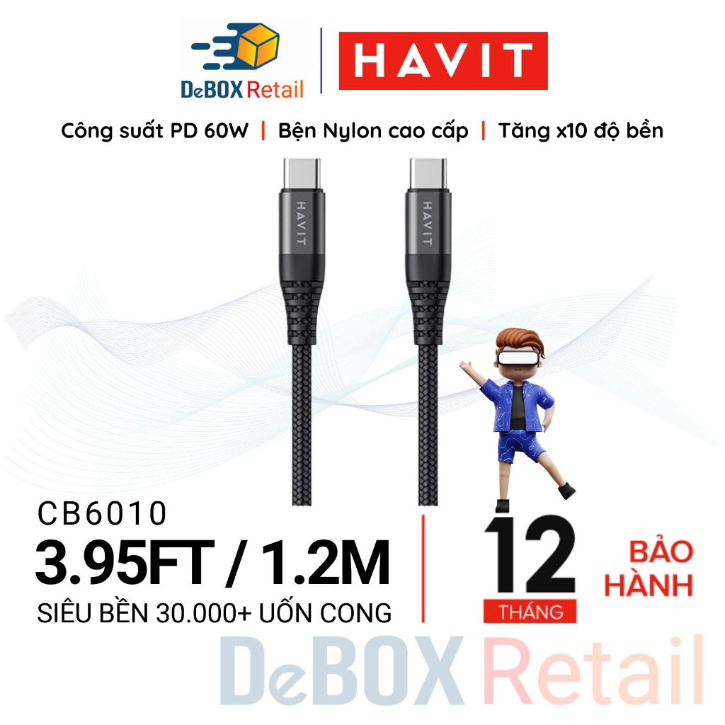 Cáp Sạc Nhanh C to C HAVIT CB6010 Độ Dài 1.2m (Đen), Sạc Và Truyền Dữ ...