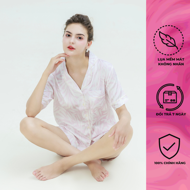 Bộ Đồ Ngủ Nữ Pijama Lụa Mặc Nhà Tay Ngắn Quần Ngắn In Lá Hồng Size Từ 42kg-62kg | Shopee Việt Nam