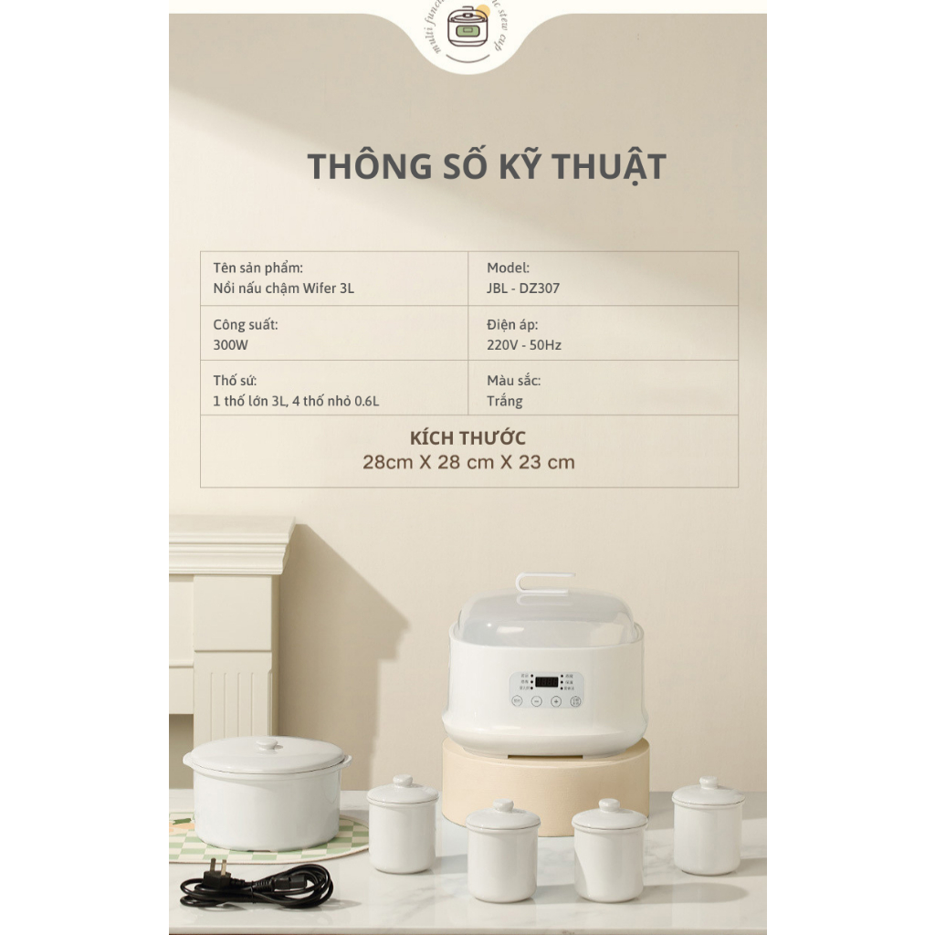 Nồi Nấu Cháo Chậm Cho Bé Dung Tích 3L RULAX-Wifer, Tặng Kèm 4 Thố Nhỏ ...