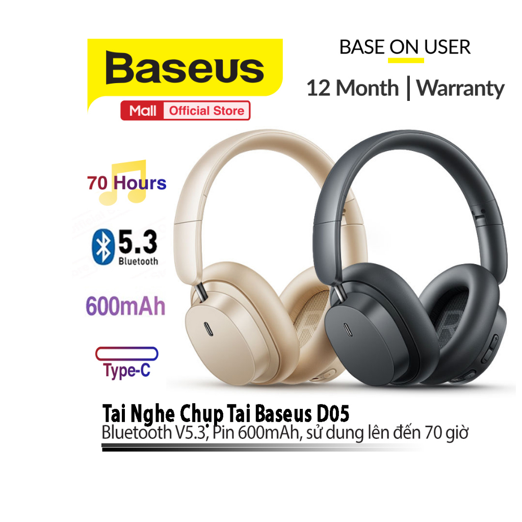 Tai Nghe Chụp Tai Không Dây Baseus Bowie D05 chống ồn V5.3, thời gian sạc 2 giờ, nghe nhạc lên ...