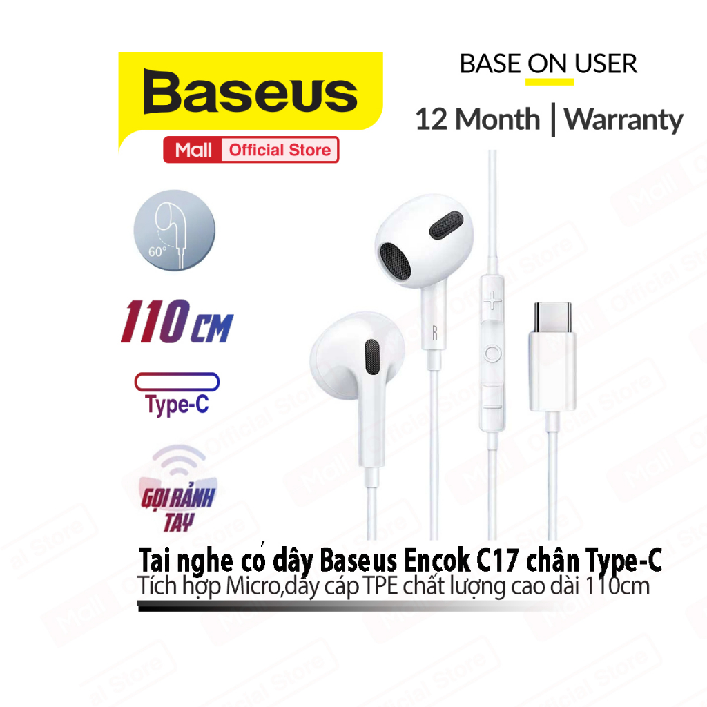 Tai nghe có dây Baseus Encok C17 chân cắm Type-C ,tích hợp Micro dài 110cm dùng cho Android ...