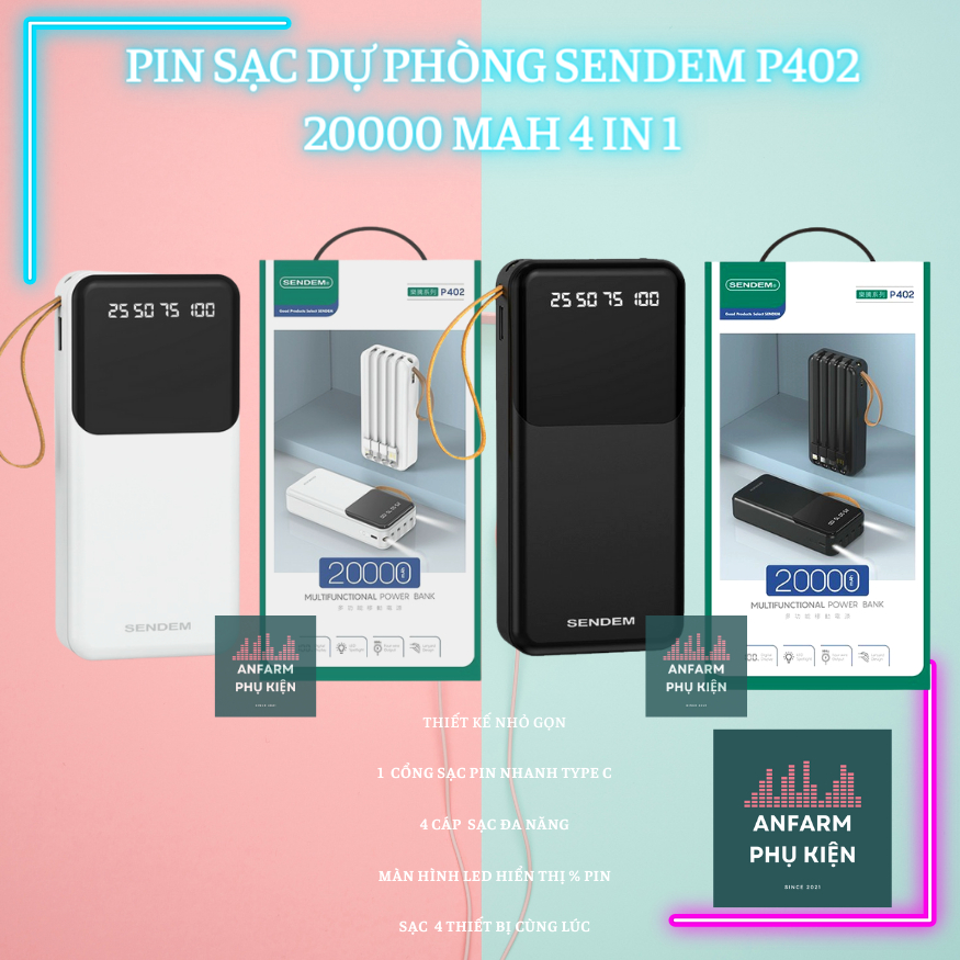 Pin Sạc Dự Phòng Sendem P402 20000mah 4 Cáp Đa Năng Màn Hình Led ...