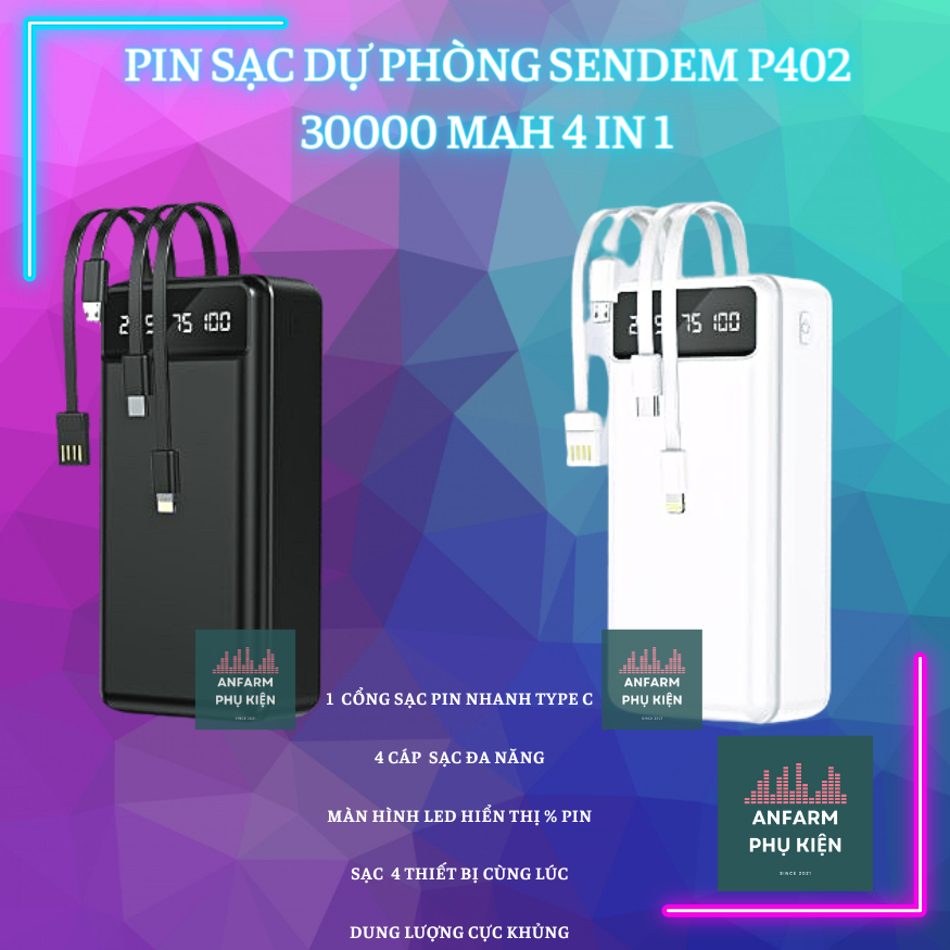 Pin Sạc Dự Phòng Sendem P403 30000mah 4 Cáp Đa Năng Đèn Pin Màn Hình Led | Shopee Việt Nam