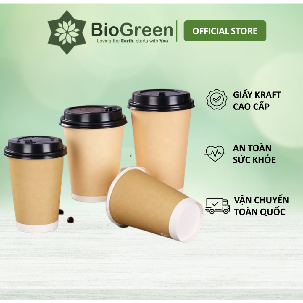 50 ly giấy kraft có nắp,2 lớp 1PE 260ml - 9oz, 360ml - 12oz, 500ml - 16oz chịu nhiệt dùng 1 lần ...