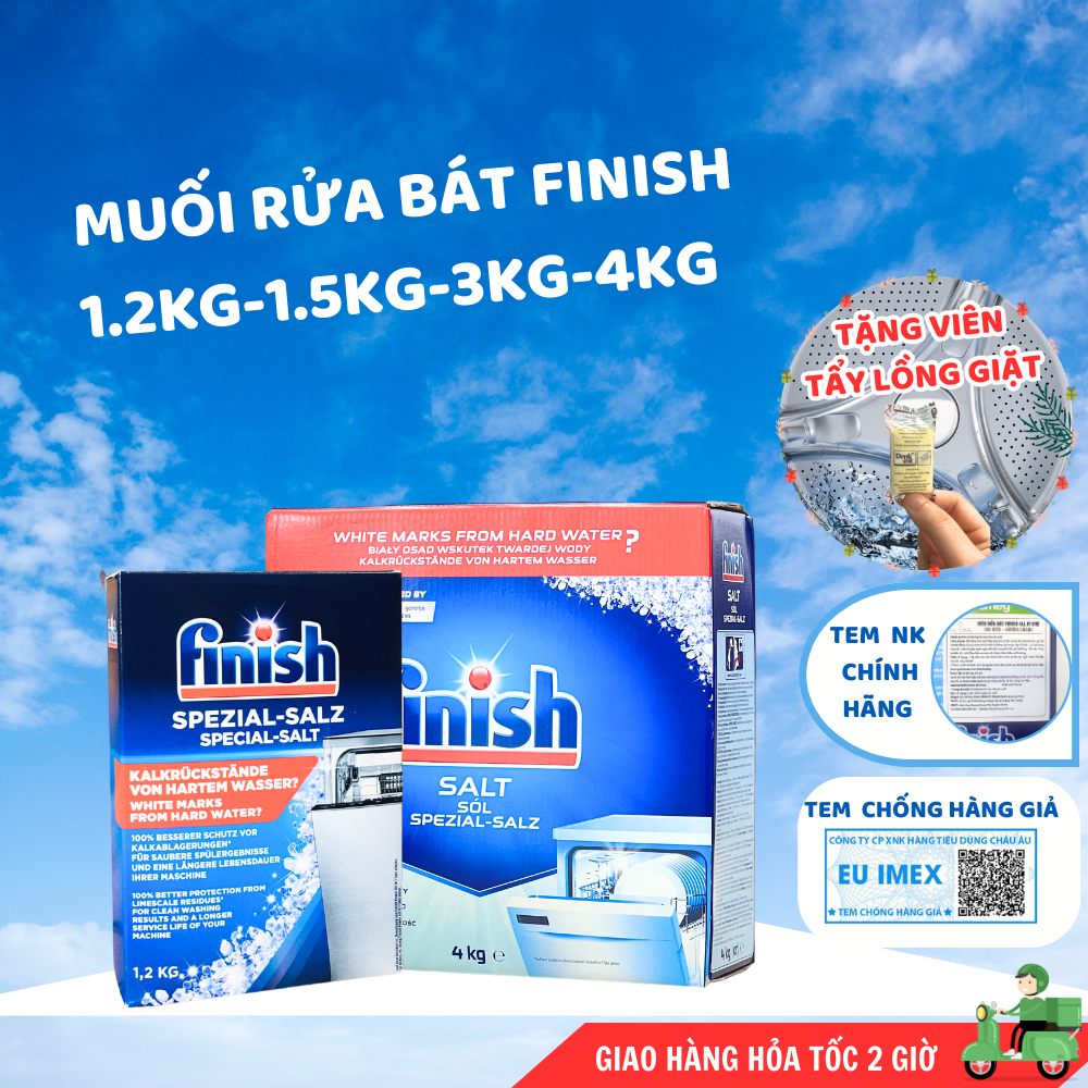 Muối rửa bát Finish 4kg 3kg 1.5kg 1.2kg hộp to tiết kiệm, muối làm mềm ...