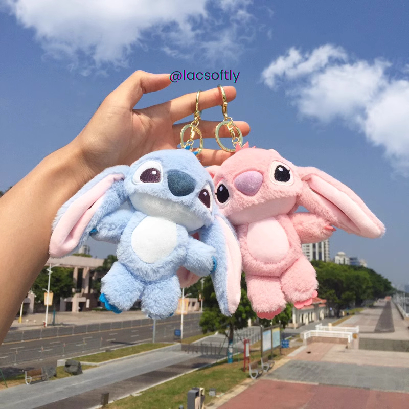 Móc chìa khoá gấu bông hoạt hình Stitch Tím Xanh Hồng lông mịn dễ ...