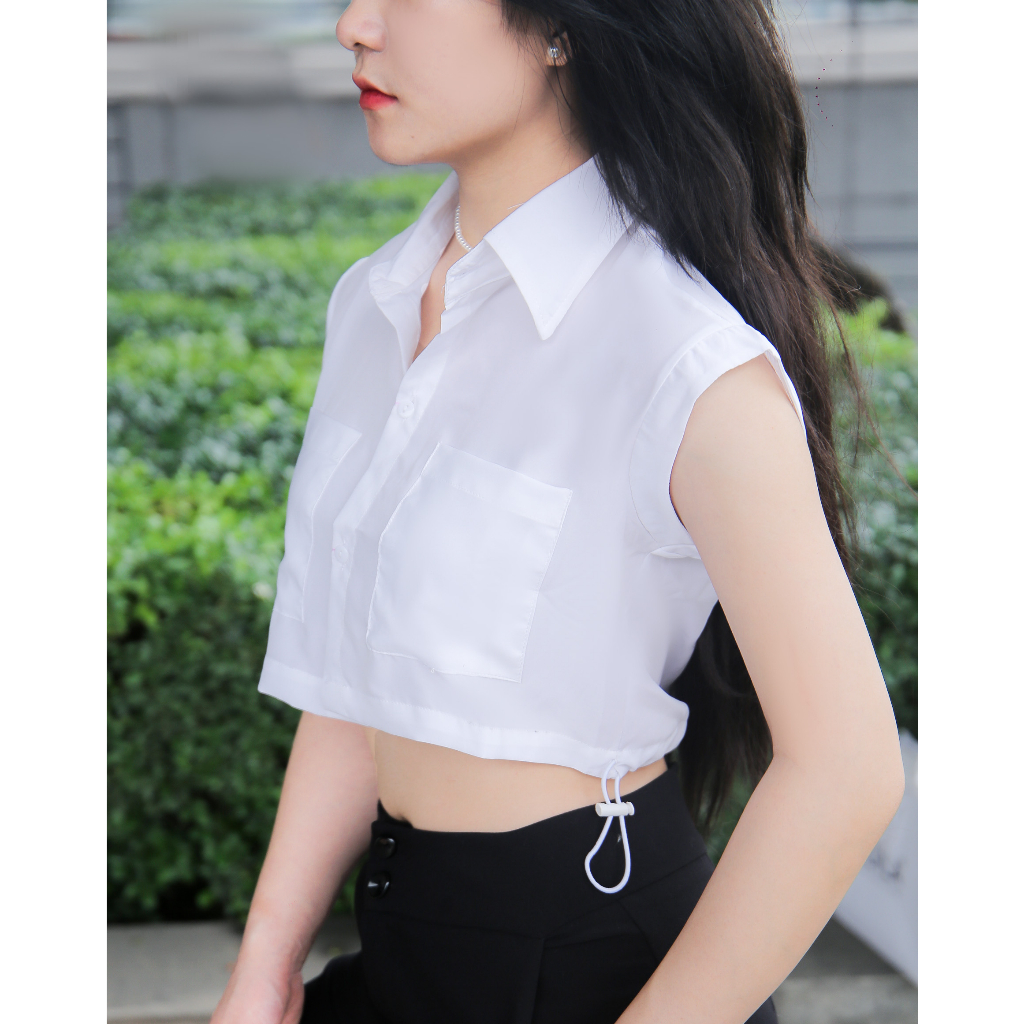 Áo crotop nữ, áo sơ mi crotop ba lỗ tanktop cộc tay cài cúc, phối 2 túi ...