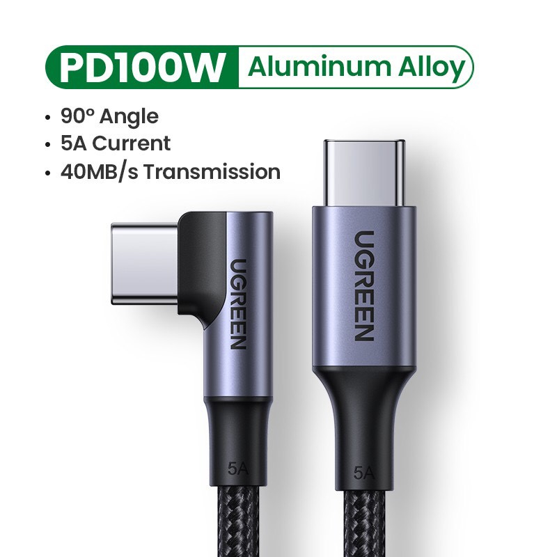 Cáp sạc nhanh góc UGREEN 100W 5A USB C sang USB C PD góc phải 90 0,5m, 1m, 2m, 3m cao cấp ...
