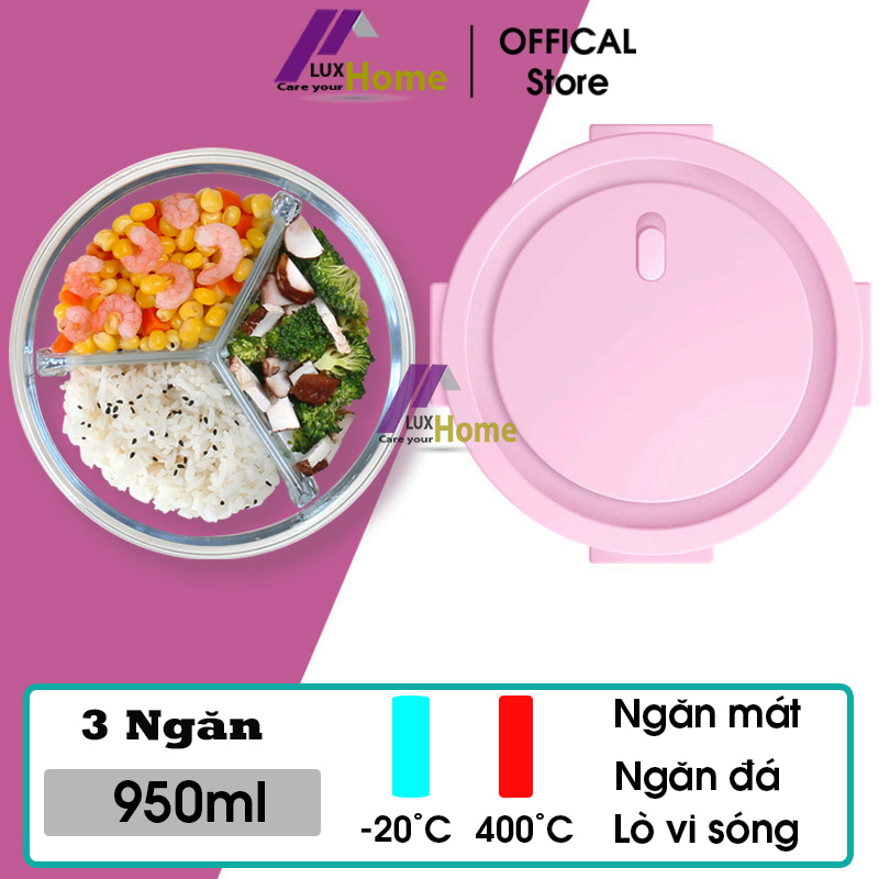 Hộp cơm thủy tinh 3 ngăn, 2 ngăn hình tròn 950ml, dùng được trong lò vi sóng, chống tràn Luxhome ...