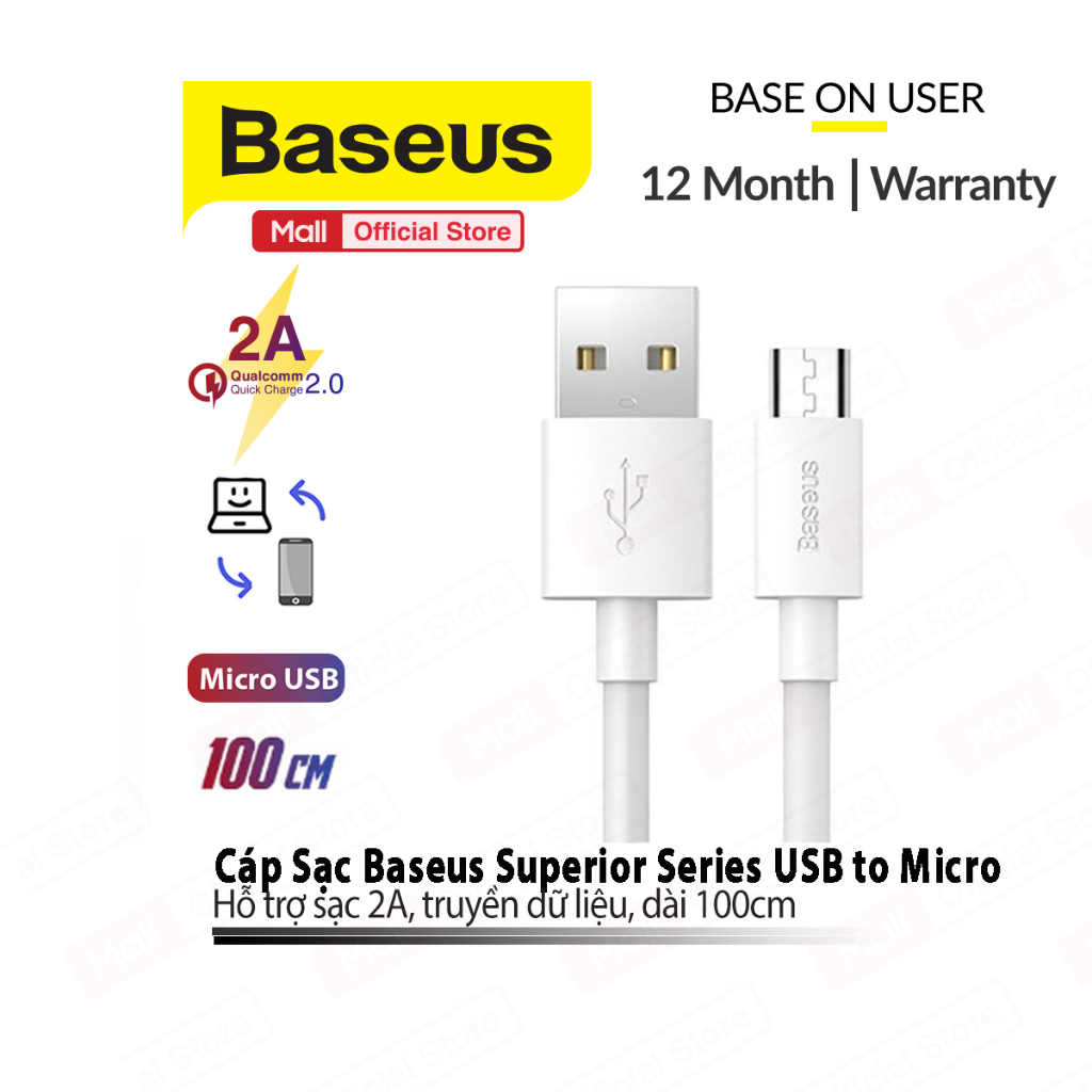 Cáp sạc Baseus Superior Series USB to Micro hỗ trợ sạc 2A và truyền dữ liệu dài 100cm/200cm ...