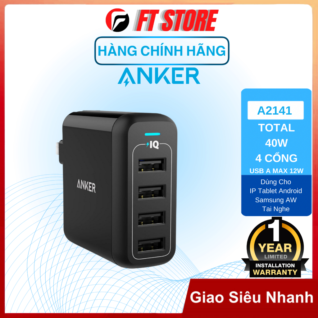 [GIAO HỎA TỐC] Sạc Anker 4 cổng tổng 40w PowerPort 4 - A2142 BH12TH | Shopee Việt Nam