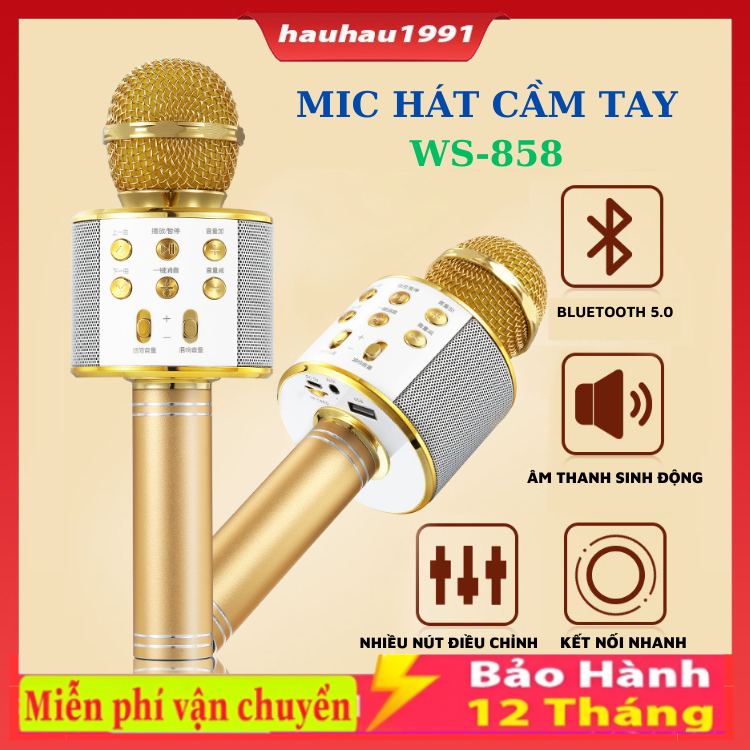 Micro hát Karaoke cầm tay mini bluetooth tích hợp Loa Bluetooth đa năng 6in1 WS-858 - Mic cầm ...