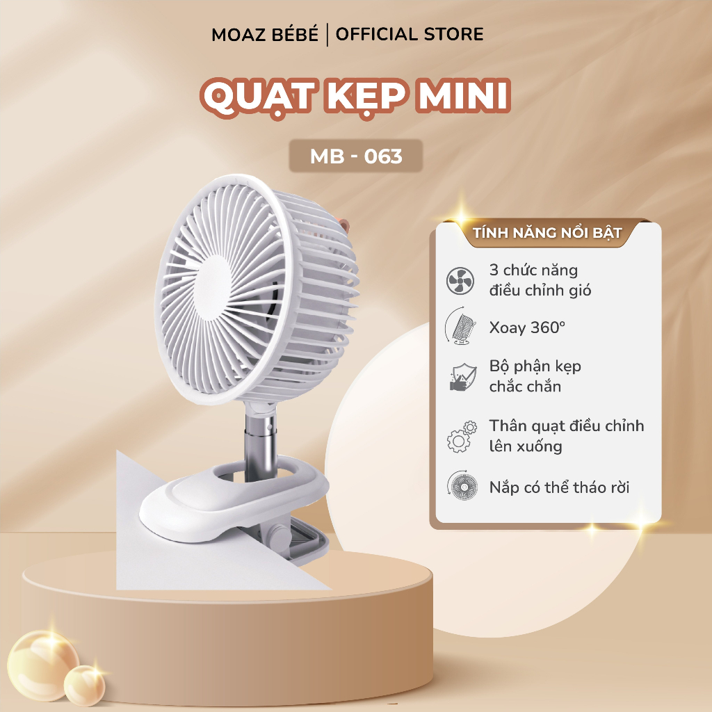 Quạt kẹp xe đẩy Moaz Bebe MB063 sạc tích điện mini, đảo chiều [Bảo hành ...