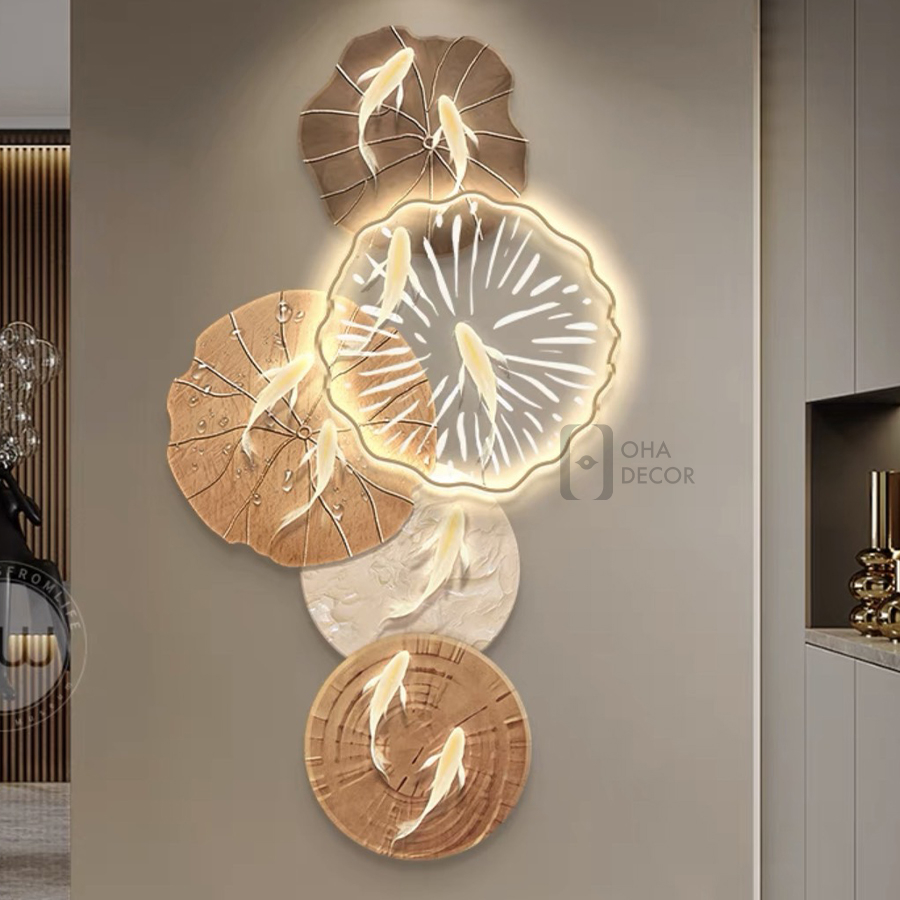 Tranh Đèn LED 3D Phong Thuỷ Hoa Sen Cửu Ngư Trang Trí Phòng Khách, Quán ...