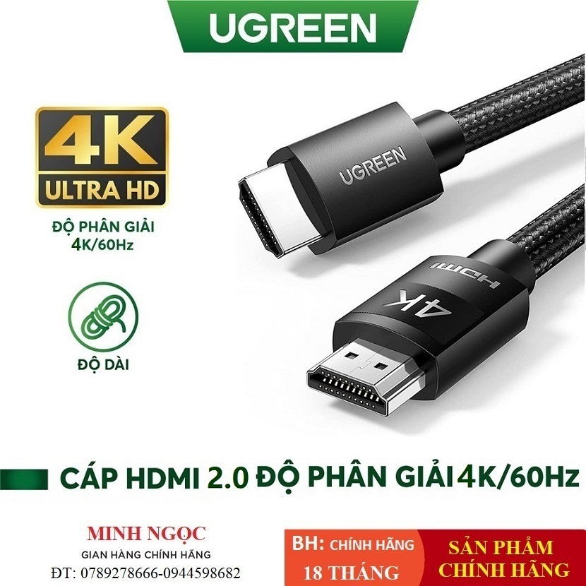 Cáp HDMI 2.0 bện Nylon chính hãng Ugreen HD119 hỗ trợ 4K/60Hz dài từ 10-25m (Có IC khuếch đại ...